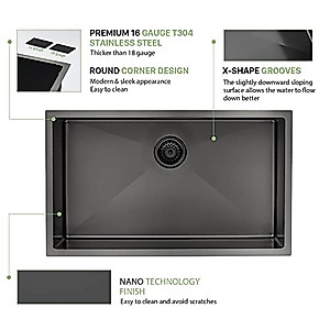 32 Inch Black Undermount Kitchen Sink - Beslend 32"x19"x10" Stainless Steel Gunmetal Black 16 Gauge 10 Inch Deep Single Bowl Basin
