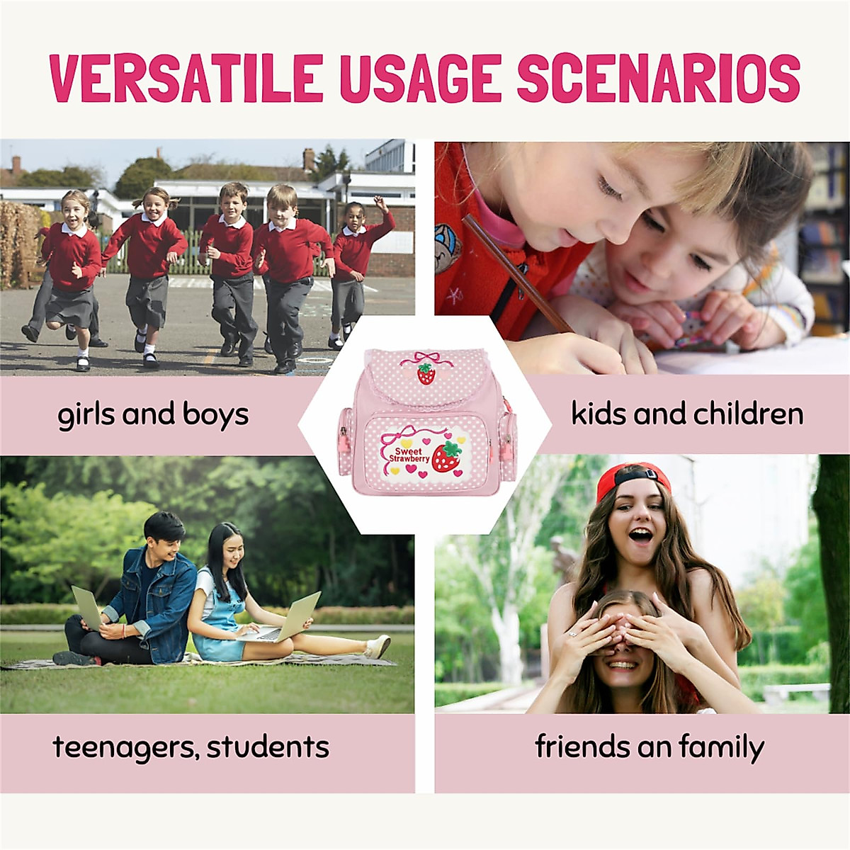 Aobiono Kawaii Strawberry Backpack Mini Cute Anime Aesthetic Pink Lace Polka Dot Small Bookbag Japanese Cartoon Fruit Bag