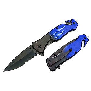 BLUE STEEL Laser Engraved Pocket Knife with Seatbelt Cutter and Window Glass Breaker, Quick Safety Knife Tool for Car Escape in Emergency Color - 300202-BL