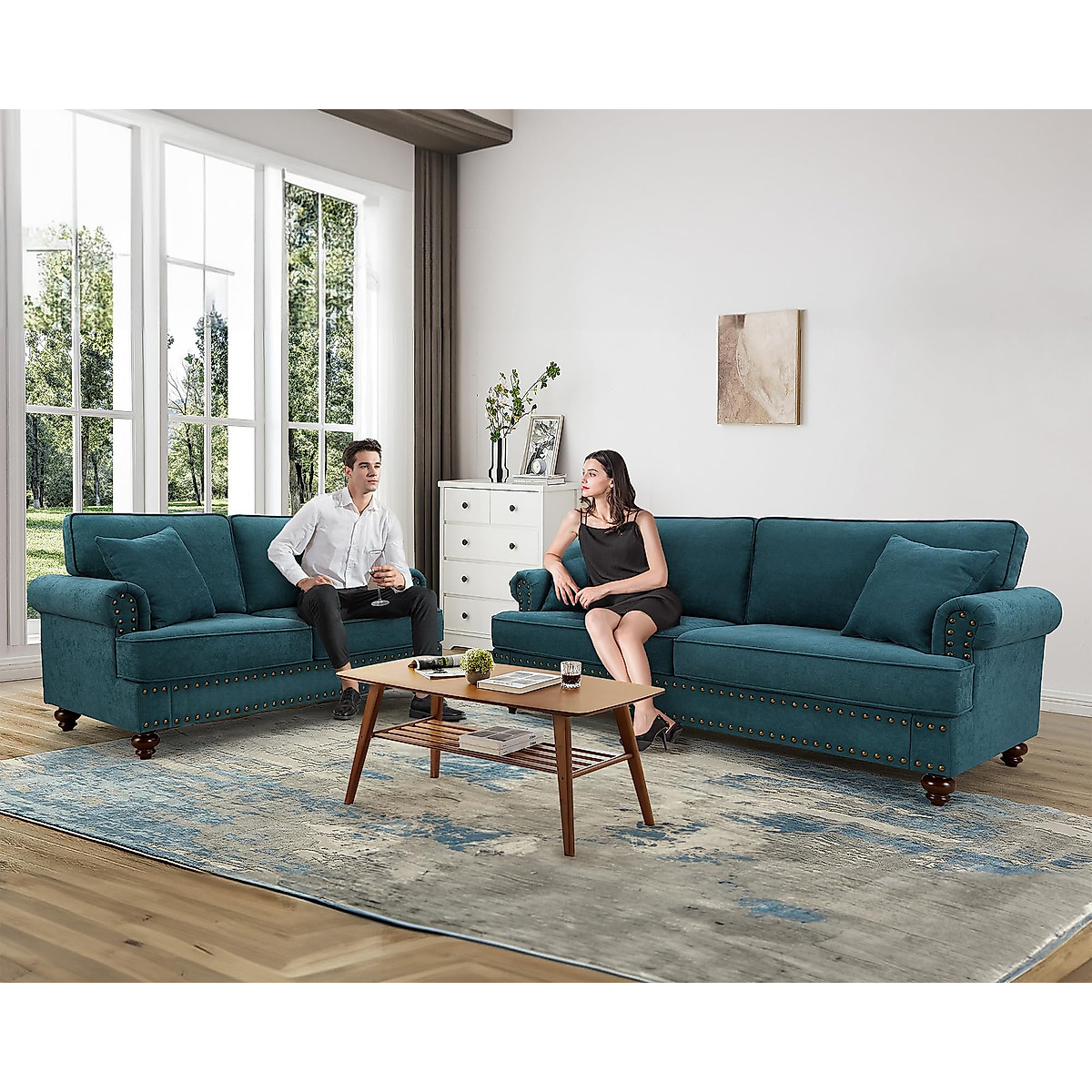 Antetek 2-Piece Upholstered Chenille Sofa Couch Set, Mid-Century Modern Loveseat Sofa+3 Seater Couch with Wood Bun Feet/Pillow for Living Room, Office, Furniture Set, Lake Green