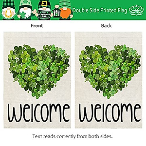 CROWNED BEAUTY St Patricks Day Garden Flag 12x18 Inch Double Sided for Outside Small Burlap Green Shamrocks Clovers Heart Welcome Yard Holiday Decoration CF735-12