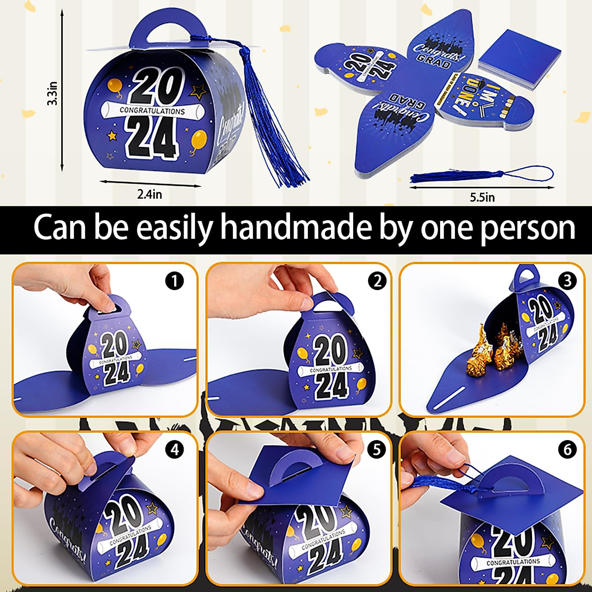 Graduation Cap Gift Box 30 Pcs 2024 Congrats Grad Graduation Candy Box with Tassel Treat Box, Graduation Party Favors Graduation Centerpieces for Tables Decorations Grad Party Supplies(Blue, Gold)