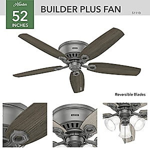 Hunter Fan Company, 51113, 52 inch Builder Matte Silver Low Profile Ceiling Fan with LED Light Kit and Pull Chain