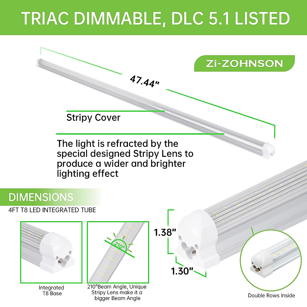 Zi-ZOHNSON 6Pack 4FT LED Shop Light for Workshop, 30W 5000K T8 LED Tube D-Shape Integrated Linkable Shop Lights for Garage, Striped Cover