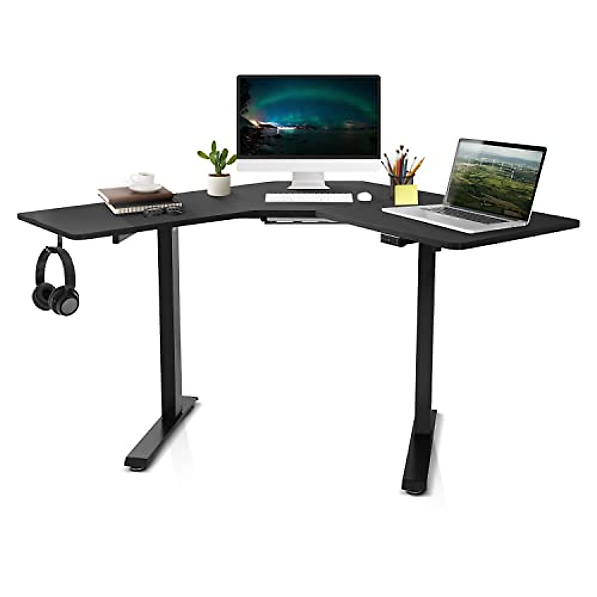 CAPHAUS 48 Inches L Shaped Electric Standing Computer Desk, Home Office Height Adjustable Corner Desk with 2 Position Memory Control Panel, Black Metal Frame & P2 Grade Black Desktop, Single Motor