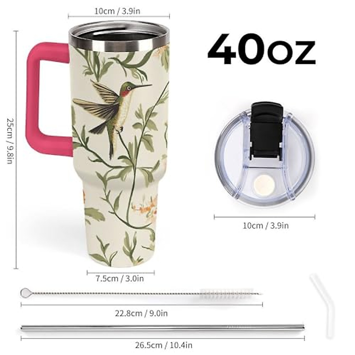 Hummingbirds Flowers 40 Oz Stainless Steel Cup Travel Tumbler with Handle and Straw Lightweight Coffee Mug for Home Office