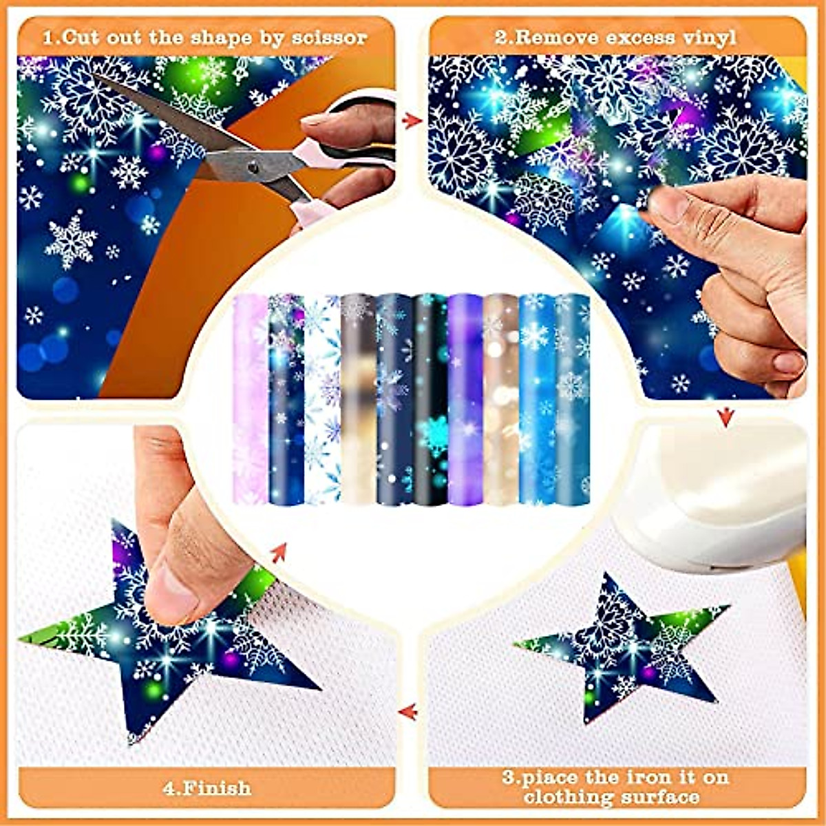 Christmas Winter Snowflake Pattern Heat Transfer Vinyl Rainbow Stripe Pattern Vinyl Vinyl Bundling Roll Soft Metal HTV Vinyl for Ironing Clothes and Other Fabrics Sky Iron on Vinyl (A2-A, One Size)
