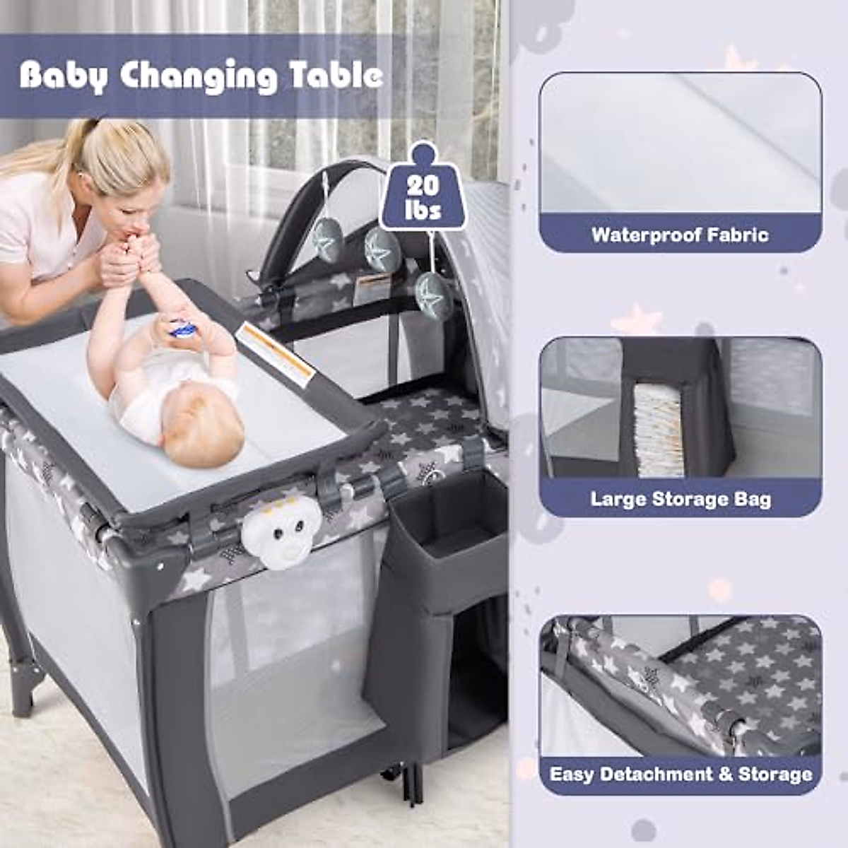 HONEY JOY Pack and Play with Bassinet, 4-in-1 Portable Baby Playard with Changing Table, Net & Cute Toys, Diaper Storage Bag, Music Box, Wheels with Brake, Foldable Newborn Play Yard w/Carry Bag
