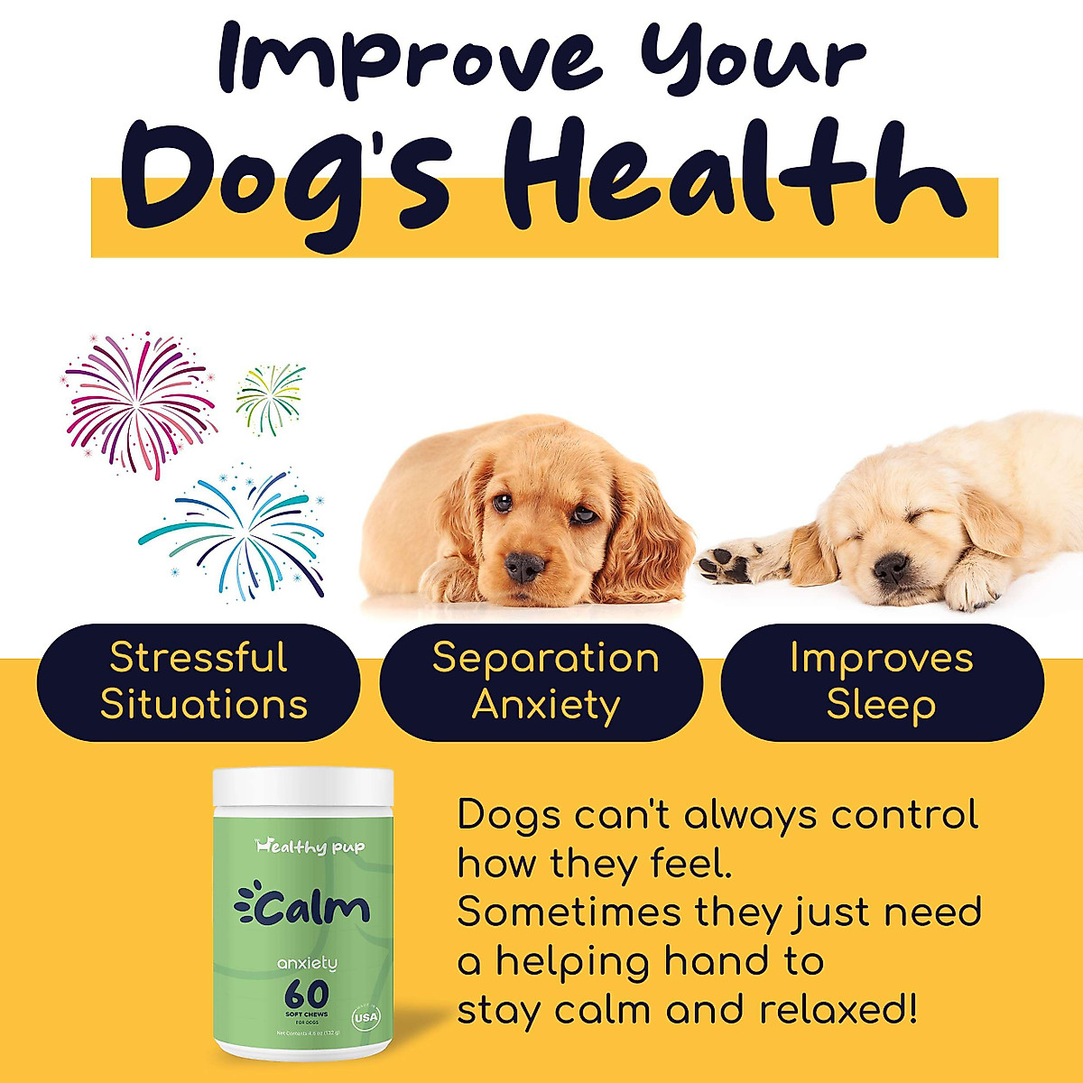 Calming Chews for Dogs with Melatonin - 60 Delicious Soft Treats for Dog Anxiety Relief for Large and Small Dogs - Includes Chamomile, Thiamine, L-Tryptophan - Promotes Rest and Relaxation