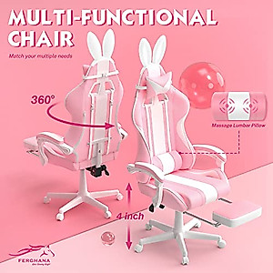 Ferghana Pink Ergonomic Gaming Desk Chairs For Office Adults & Teens, Cute Racing PC Gamer Chair With Footrest, Massage, For Girls, Recliner Silla Gamer Rosa