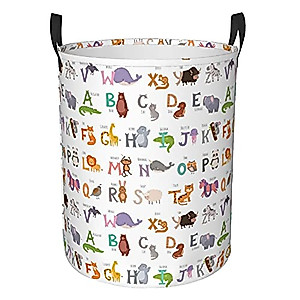 Foruidea Large Laundry Basket Zoo Alphabet With Cartoon Animals Laundry Hamper Collapsible Oxford Fabric With Handle Dirty Clothes Storage Washing Bag Portable Tote Bag 22.7 Inch