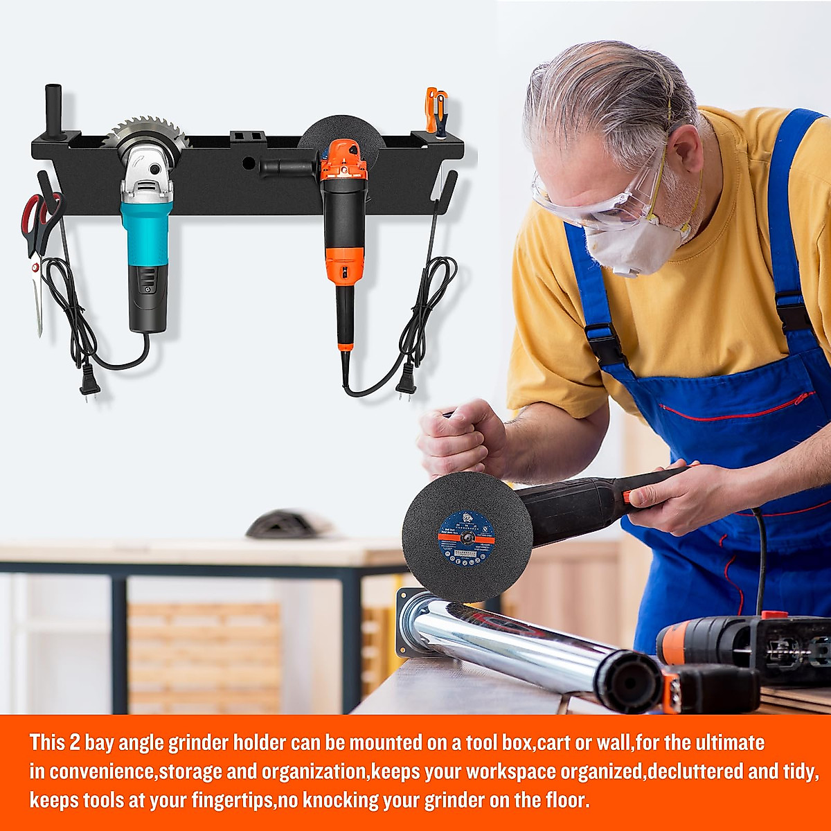Birstlye Angle Grinder Holder,2 Bay Angle Grinder Rack Wall Mount Bracket, Angle Grinder Storage Rack With Screws & Screw Caps for Cutters Polishers Angle Grinders
