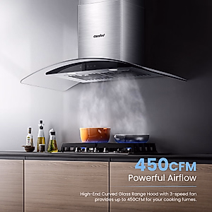 COMFEE' Curved Glass Range Hood 36 Inch 450 CFM 3 Speed Gesture Sensing &Touch Control Panel Stainless Steel Kitchen Ductless/Ducted Convertible with Baffle Filters and 2 LED Lights (CVG36W9AST)