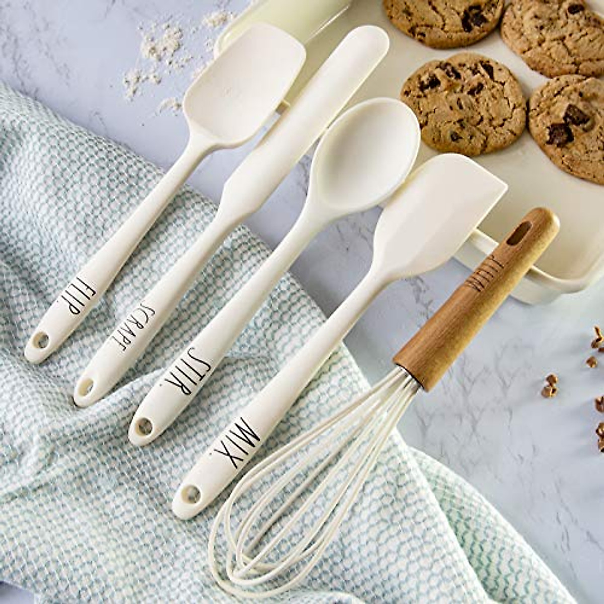 Rae Dunn Everyday Collection 5 Piece Mini Kitchen Utensil Set- Silicone Kitchen Tools with Beechwood Handles- (White)