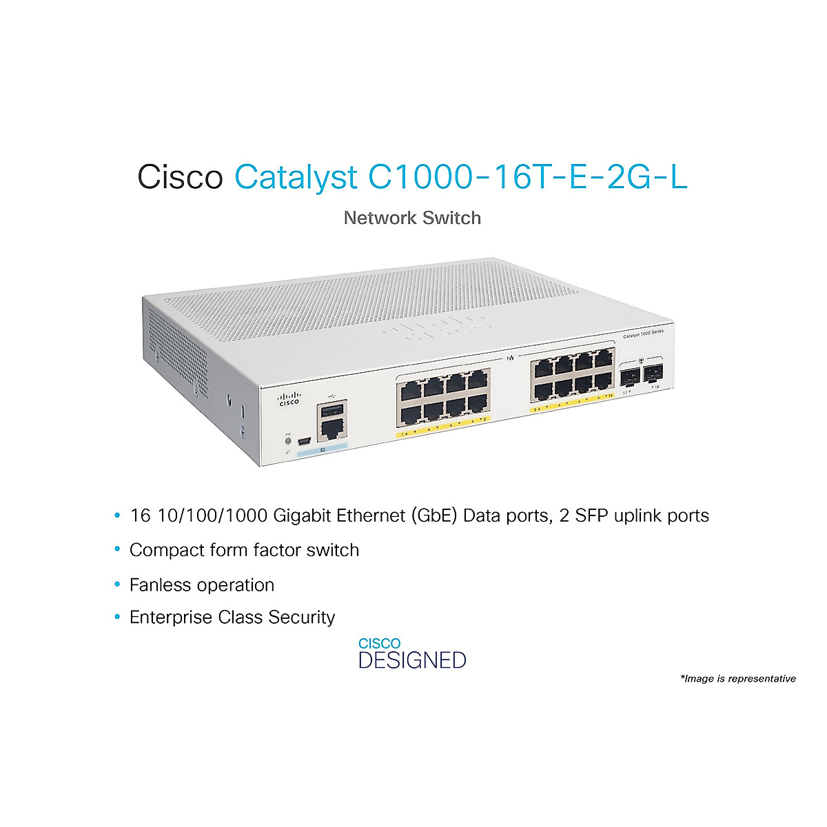 Cisco Catalyst 1000-16T-E-2G-L Network Switch, 16 Gigabit Ethernet Ports, 2 1G SFP Uplink Ports, Fanless Operation, External PS, Enhanced Limited (C1000-16T-E-2G-L)
