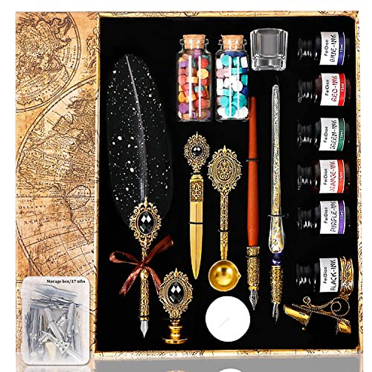 Quill Pen and Ink Set,Calligraphy Pen Set and Wax Seal Kit,3 Dip Pens with 6 Bottles of Colored Ink,17 Calligraphy Nibs in a Storage Box,Fun Feather Pen Calligraphy Gift (Black)