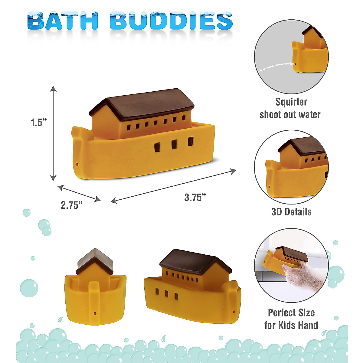 DolliBu Noah's Ark Bath Buddy Squirter - Floating Noahs Ark Rubber Bath Toy, Water Squirting Bathtime Play for Toddlers, Cute Bible Boat Watercraft Toy for The Bathtub, Beach, & Pool for Girls & Boys