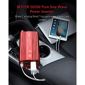 BESTEK 500W Pure Sine Wave Power Inverter DC 12V to AC(2 Outlets) 110V Car Charger Plug Inverter Adapter Converter with 4.2A Dual USB Charging Ports, ETL Listed