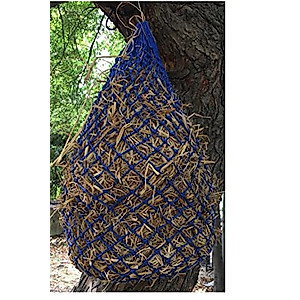 Majestic Ally 2 Pcs 1.25”x1.25” Holes Ultra Slow Feed 36” Very Sturdy Hay Net with Bottom Ring for Horses, Goat, Travel Feeder for Trailer and Stall, Reduces Waste (Royal Blue)