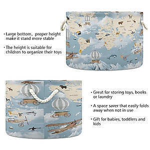 Extra Large Round Basket with Thick Thread Cotton Rope Handle - Animals Travel World Map Decor,Waterproof Canvas Blanket Clothes Laundry Basket Hamper,Nursery Kids Baby Toy Basket Home Organizing Stor