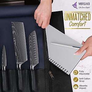 Ventiva - Black Leather Knife Roll Storage Bag, 9 Pockets w/ Large Utility Pocket, Adjustable/Detachable Shoulder Strap, Travel-Friendly and Durable