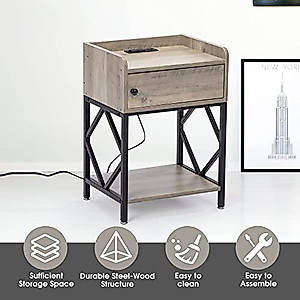 JAXPETY Set of 2 Industrial Wood Nightstand with Charging Station and USB Ports, Accent End Table with Storage and Shelf, Night Stand Bedside Table for Home Bedroom, Small Spaces, Washed Grey