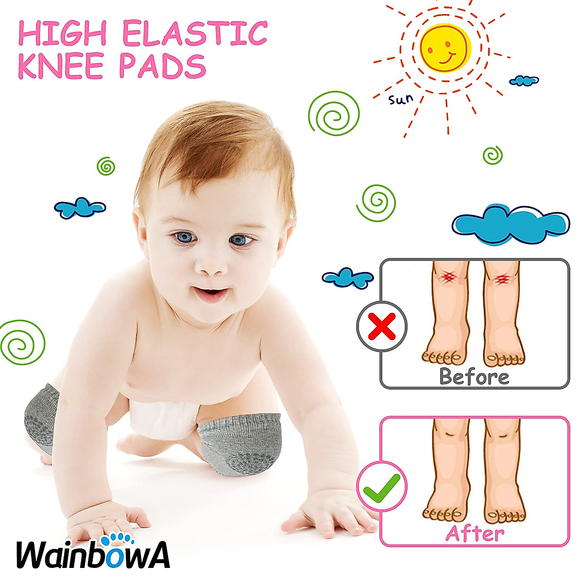 WainbowA Baby Crawling Anti Slip Knee Pads, Protect Infants & Toddlers Knees, Elbows and Legs, Unisex Baby Toddlers Kneepads, Learn to Socks Children Short Kneepads 5 Pairs, Babies Leg Warmers