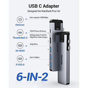 USB C Adapter for MacBook Pro, 6 in 2 USB C Hub 4K HDMI Adapter, MacBook Pro USB Adapter for MacBook Pro/Air 2020-2018 with Thunderbolt 3 Multi-Function Port, HDMI, Gigabit Ethernet, 3*USB 3.0