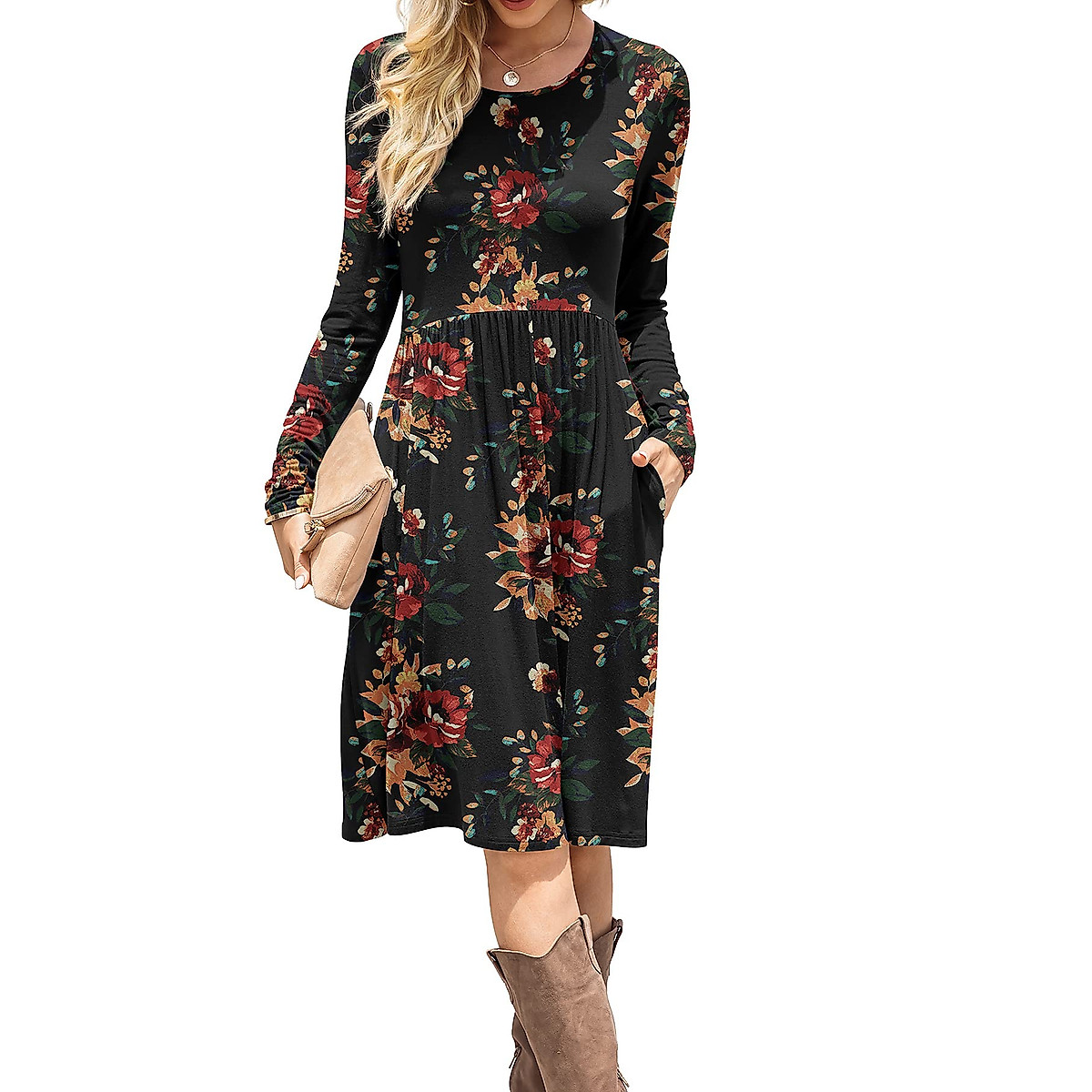 DB MOON Women Casual Long Sleeve Dresses Empire Waist Loose Dress with Pockets (Brown Floral Black, M)