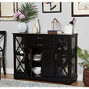 Target Marketing Systems Kendall Dining Buffet Cabinet with Storage, Modern 2-Drawer Kitchen Sideboard Doors, and 2 Adjustable Glass Shelves, 47.25" Inch, Black