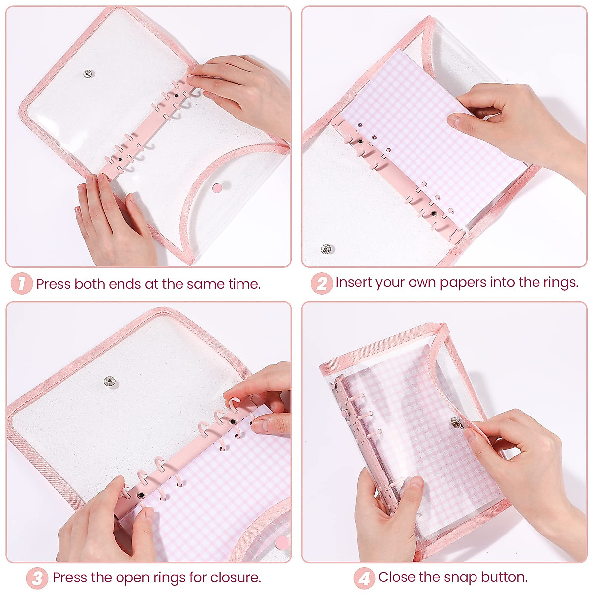 NEWEST 2 Pieces Clear PVC A6 Refillable Binder Covers, Shiny 6-Ring Personal Notebook Shell, Round Ring Binder Pocket with Snap Button Lock for Filler Organizer Planner Journal Album, Pink & Purple