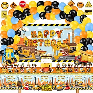 Mpanwen Construction Birthday Party Supplies, 136 Pcs Dump Truck Party Decorations for Boys Baby - Backdrop, Banner, Toppers, Balloons, Cupcakes Wrappers, Party Traffic Signs, Tablecloth