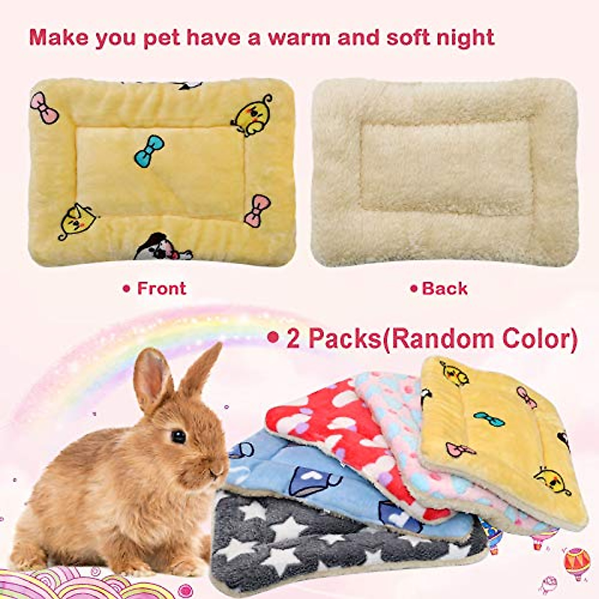 Rypet Small Animal Bed 2PCS - Rabbit Bed House Winter Warm Fleece Sleep Pad for Squirrel Hedgehog Bunny Chinchilla and Other Small Animals, Random Color