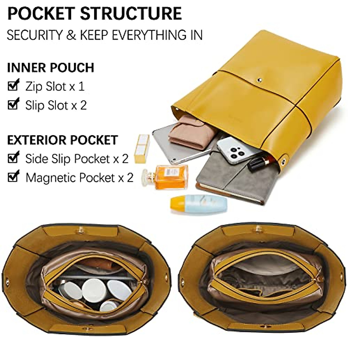 BOSTANTEN Women's Leather Designer Handbags Tote Purses Shoulder Bucket Bag Yellow