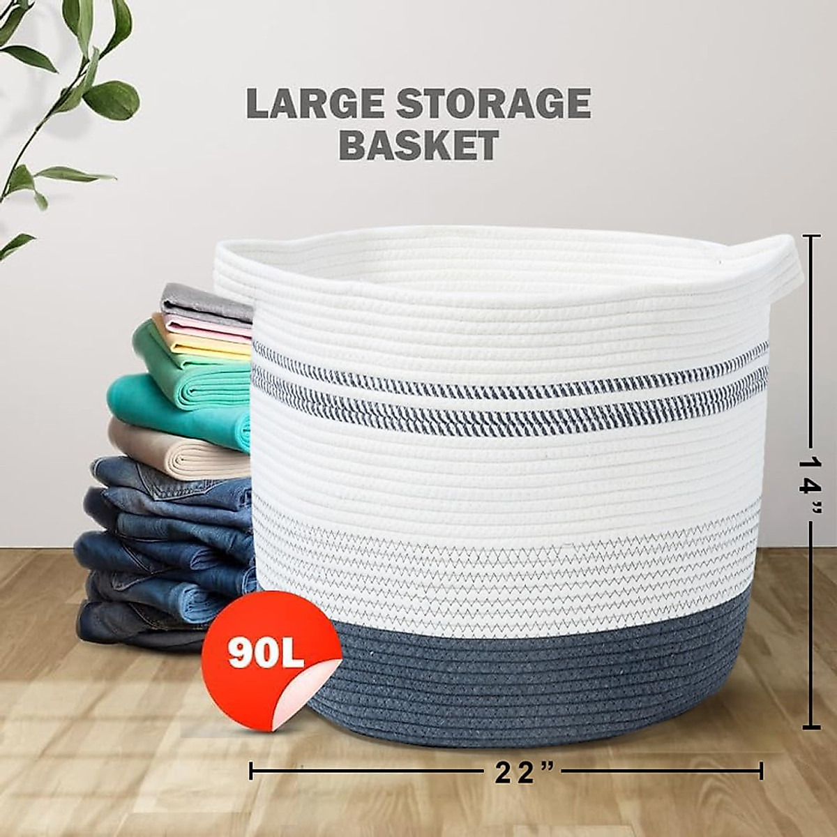 Homify Blanket Basket 100% Cotton Rope Woven Baskets for Storage 22"x14" 90L XXX-Large Laundry Basket with Soft Handle Rope Basket for Living Room, Toy, Pillow & Clothes - Gray & White