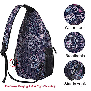 MOSISO Sling Backpack,Travel Hiking Daypack Pattern Rope Crossbody Shoulder Bag, Navy Blue Base Totem Texture&Lychnis