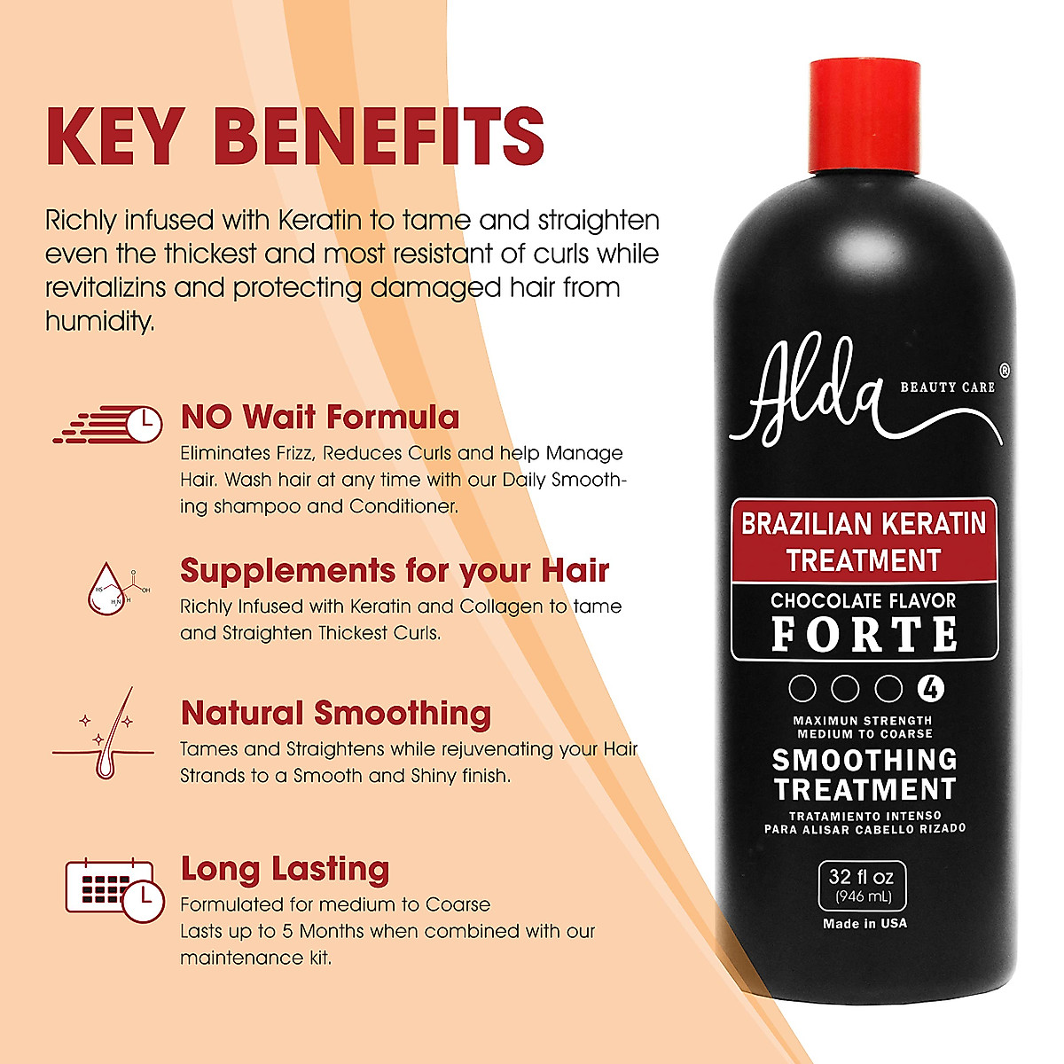 Alda Chocolate Brazilian Keratine Treatment Permanent Straightening Blowout 32 fl oz + Shampoo Clarifying 16 fl oz.