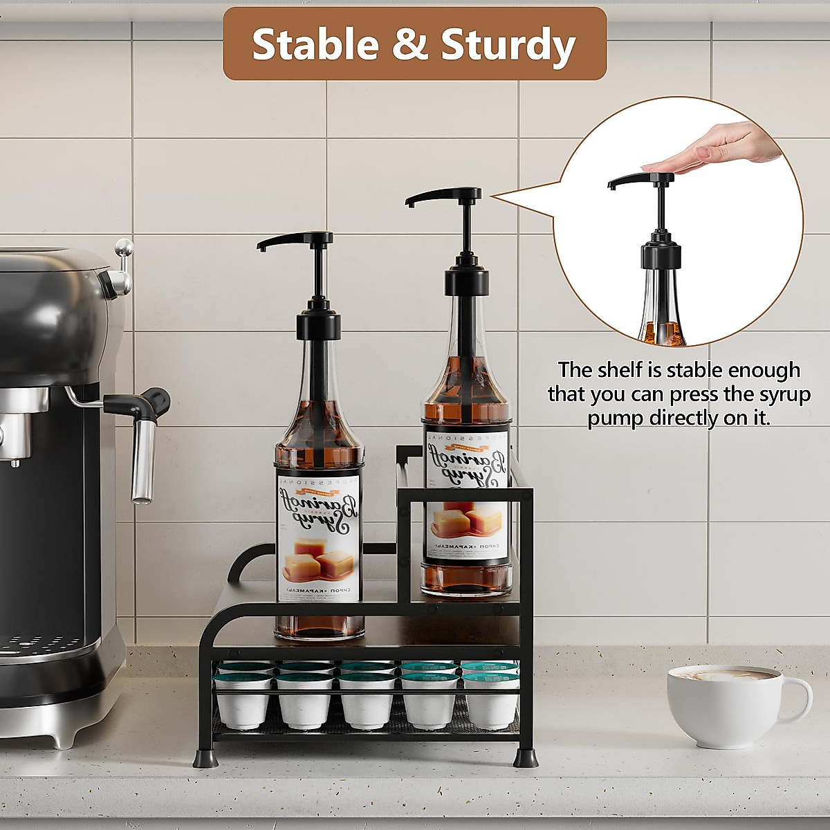 PONEYA Coffee Syrup Rack Organizer, 3-Tier 8 Bottles Coffee Syrup Rack with 35 K Cup Storage Basket for Coffee Bar, Syrup Bottle Holder Stand for Syrup, Wine, Dressing for Kitchen Coffee Station