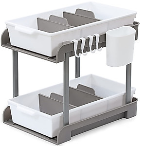 2 Tier Slide Out Under Sink Organizers and Storage with Removable Dividers - Undersink Cabinet Drawers for Bathroom, Kithcen Cleaning and Organization - Multiuse Home Pull Out Organizing Tray, 1 Set