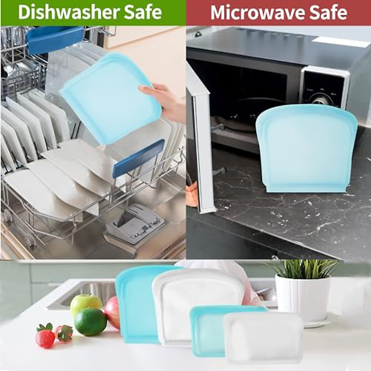 KVK Silicone Reusable Food Storage Bags, 4 Pack Heavy Duty Leakproof Ziplock Bags, Oven, Microwave & Dishwasher Safe, 100% Food Grade Silicone