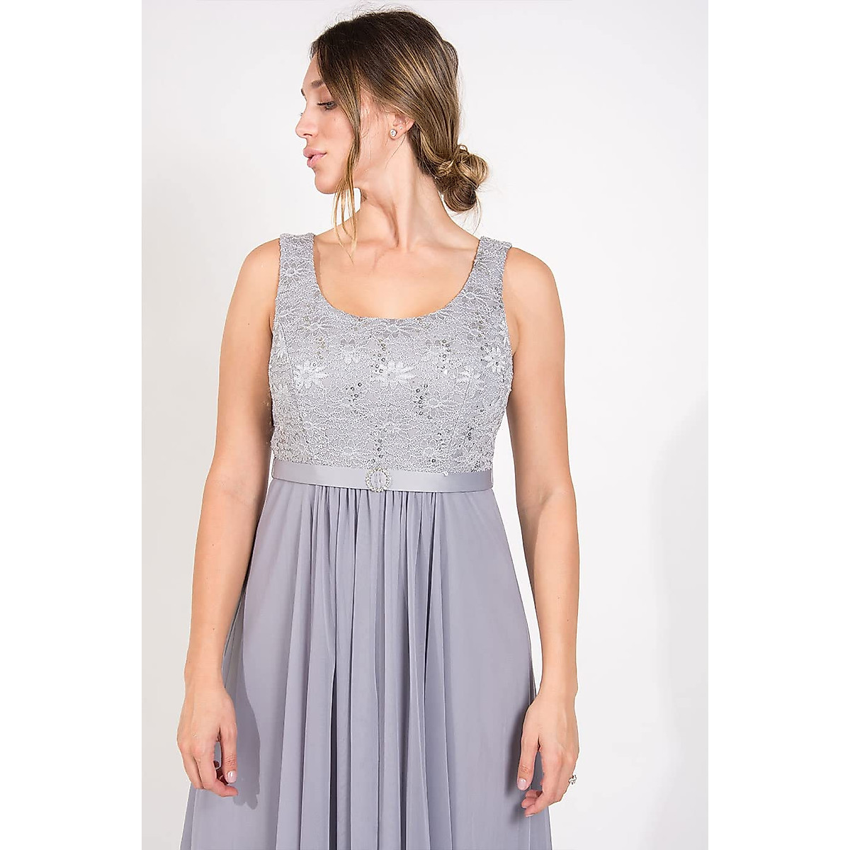 R&M Richards Long Mother of The Bride Formal Dress| Sleeveless with Matching 3/4 Sleeve Lace Jacket | Perfect for Formal, Evening Party Or Any Other Special Occasion Silver 12