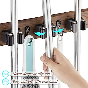 OUTNILI 2 Pack Mop Broom Holder Wall Mount - Rustic Wood Broom Mop Hanger - Wall Mounted Garden Tool Rack Organizer for Closet Garage Laundry Room Farmhouse Kitchen Decor with 4 Slots & 4 Hooks