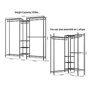 XIOFIO Heavy Duty Garment Rack, Metal Clothing Rack with 4 Hanging Rods and 4 Large Shelves 4 Small Shelves, Freestanding Portable Wardrobe Closet Rack, 68.5"L x 16.5"W x 76.7"H Max Load 720LBS, Black