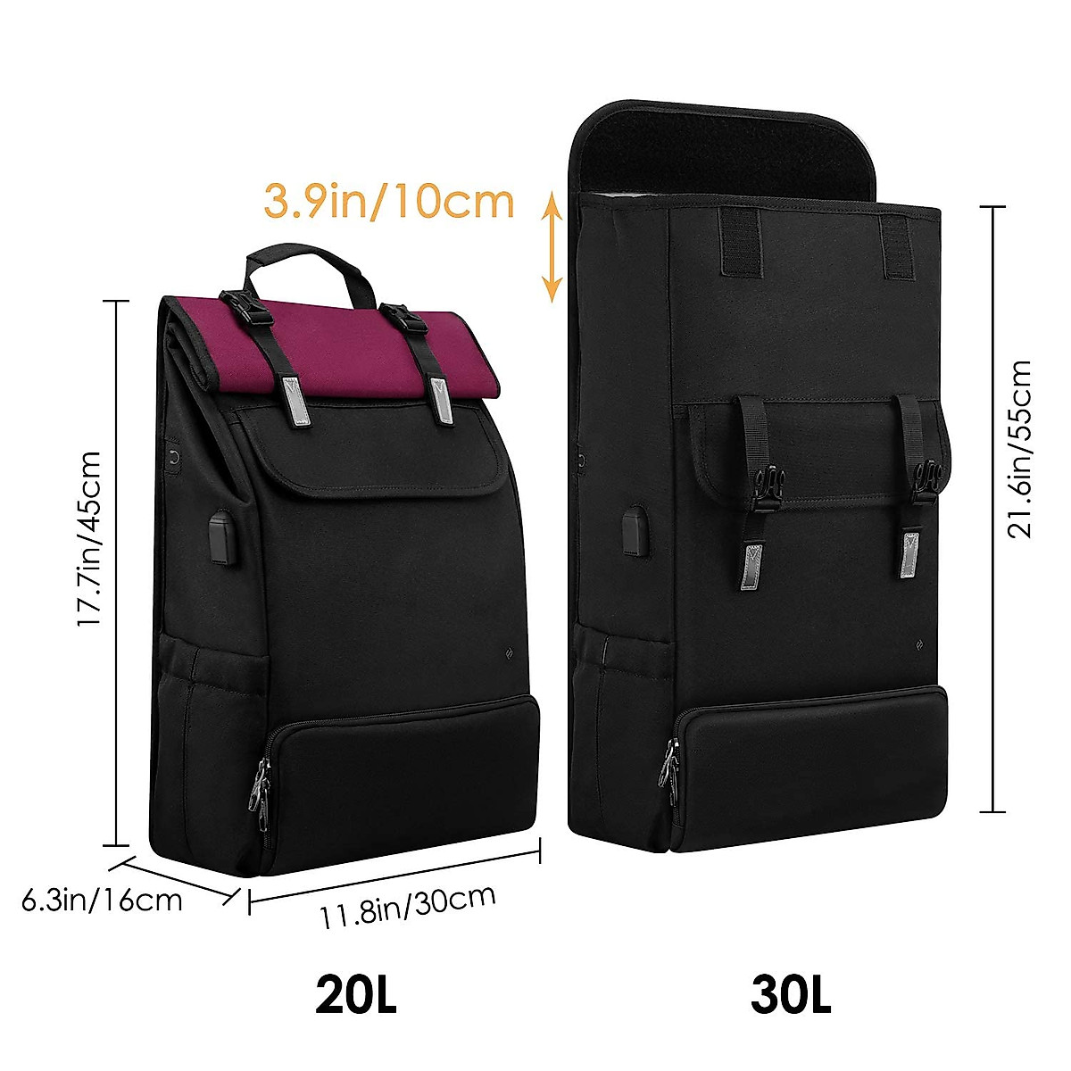 FINPAC Laptop Backpack with Expandable Roll Top, 15.6 Inch Travel Daypack Casual Computer Carrying Bag for Men Women Business (Burgundy)