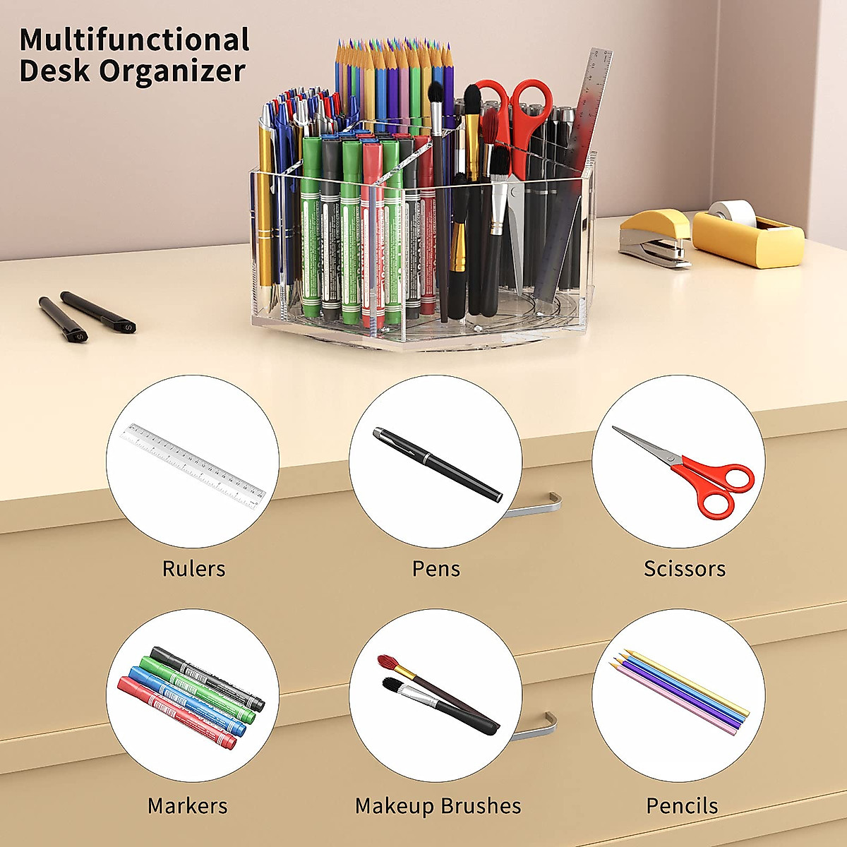 NIUBEE Acrylic Pen Pencil Holder 7 Compartments, Multi-capacity Marker Storage Art Supply Organizer, 360° Rotating Clear Pencil Cup
