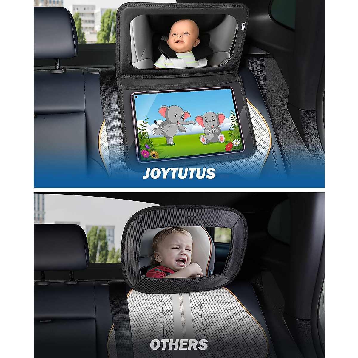 JOYTUTUS Baby Car Mirror with Tablet Holder, Adjustable Car Seat Mirror for Rear Facing Infant, Multifunctional Baby Mirror Car Organizer with Wide View Shatterproof