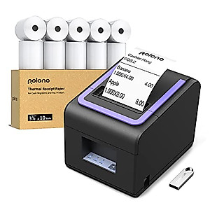 POLONO Receipt Printer, 3 1/8"" 80mm PL330 Thermal Receipt Printer, 300mm/s POS Receipt Printer, 3 1/8” x 230' Thermal Paper, Receipt Paper Suitable for Many Credit Card Terminals, BPA Free, 10 Rolls
