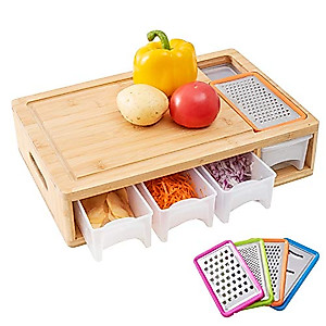 WORTHYEAH Smart Cutting Board - Bamboo Cutting Board with Containers, Wood Cutting Boards with 4 Trays/Storage with Lids & 4 Graters, Food Prep Deck Large Tank Chopping Cutting Boards for Kitchen