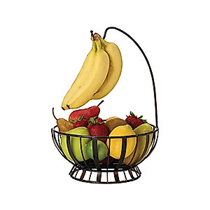 Gourmet Basics by Mikasa Band and Stripe Metal Fruit Basket with Banana Hook, Antique Black