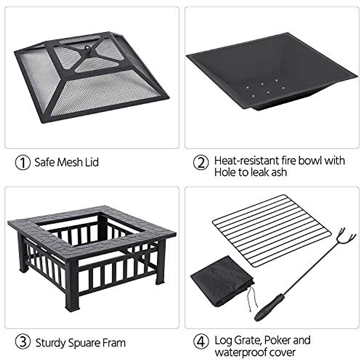 Topeakmart Outdoor Metal Fire Pit Table Multifunctional Backyard Patio Garden Square Stove, 32in Diameter Wood Burning Fireplace with Waterproof Cover